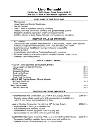 Lino Renaud -Construction ACZ & Machine Operator cover letter and ...