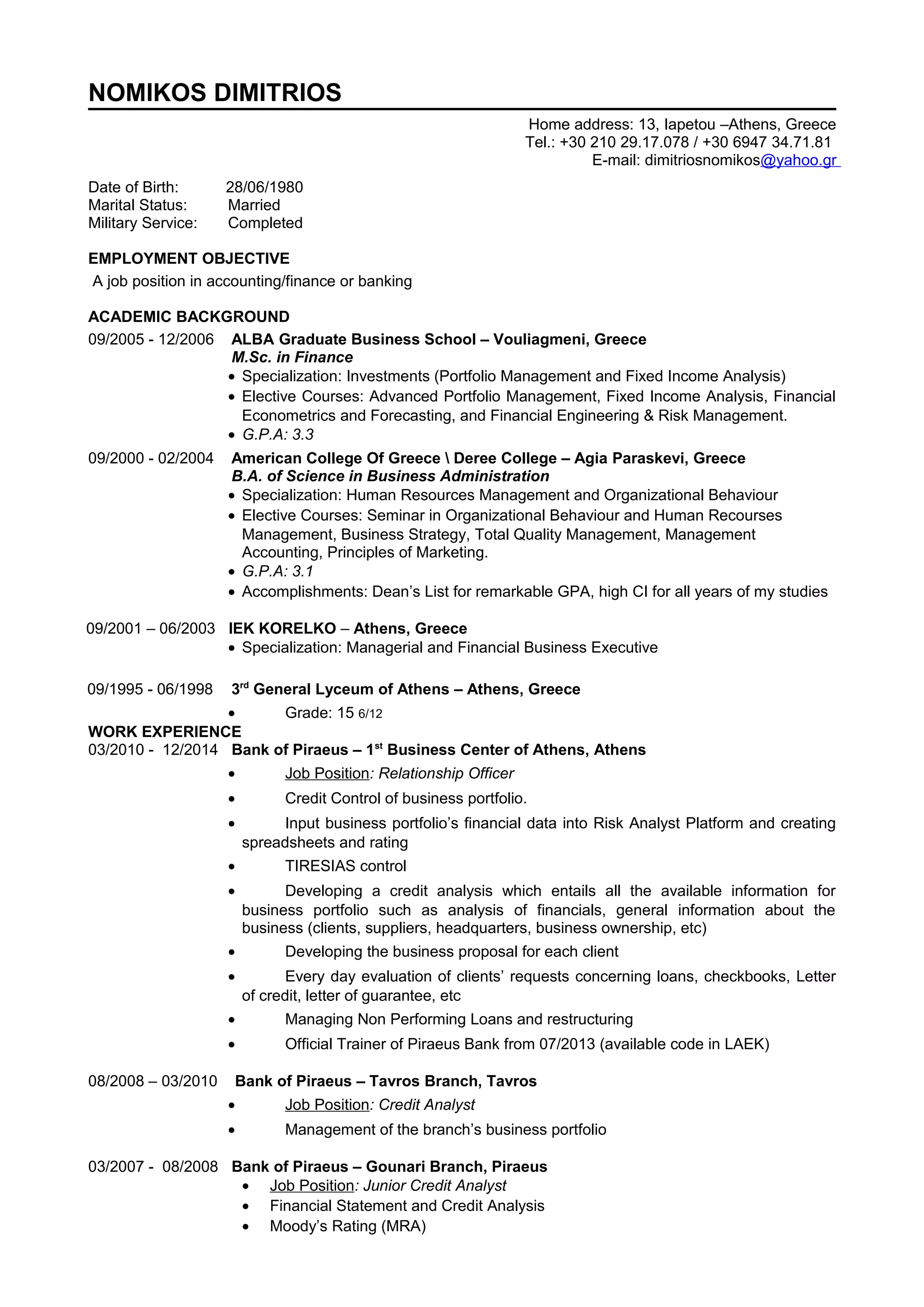 resume αγγλικο | DOC | Business Administration | Business