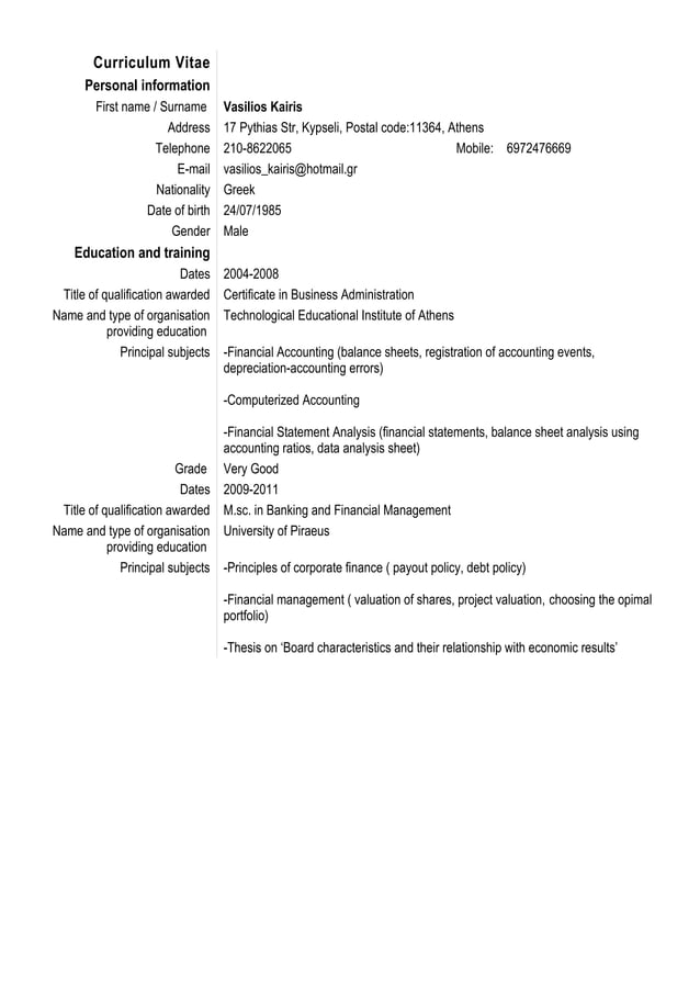 CV-Vasilios Kairis | PDF
