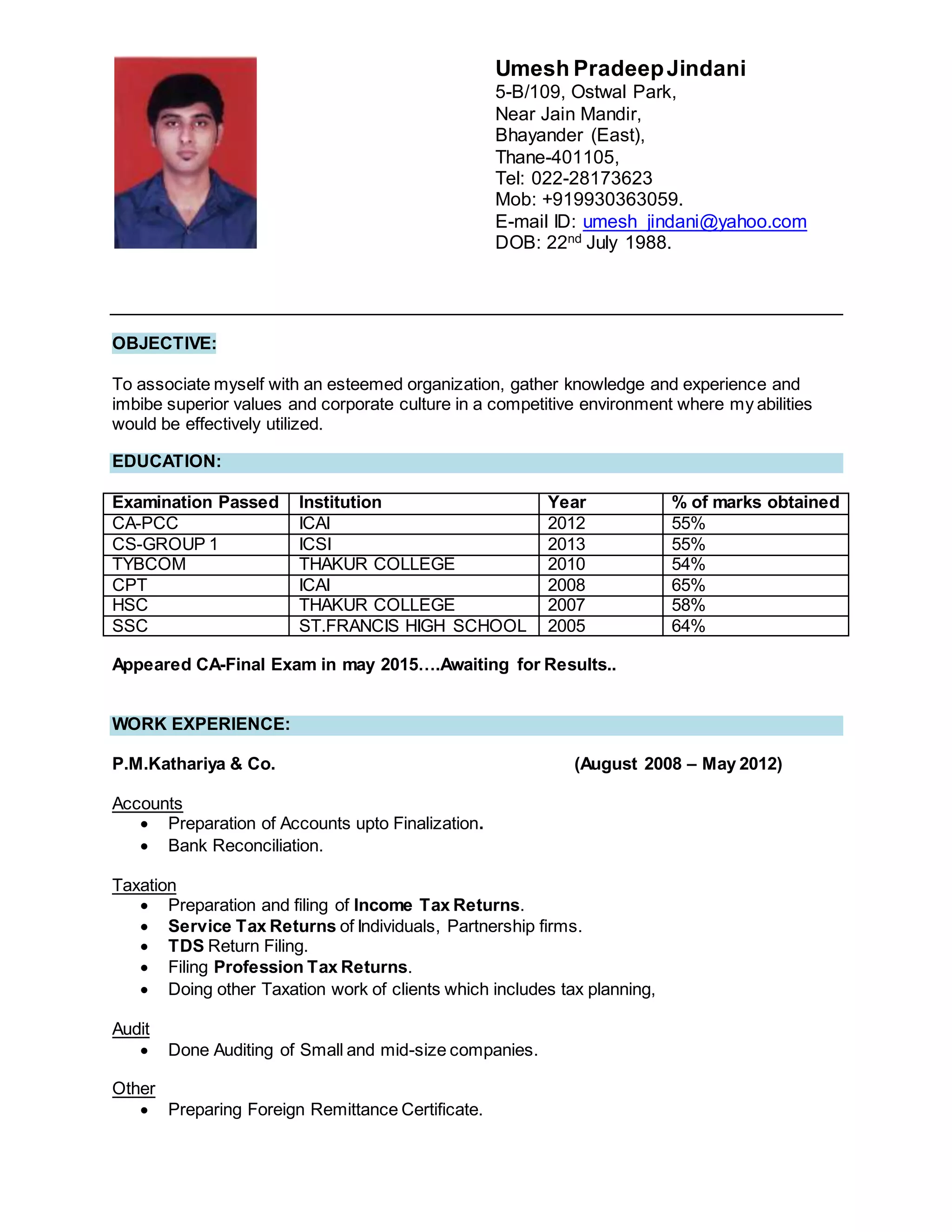 Umesh Pradeep Jindani Resume (with Photo) | DOCX