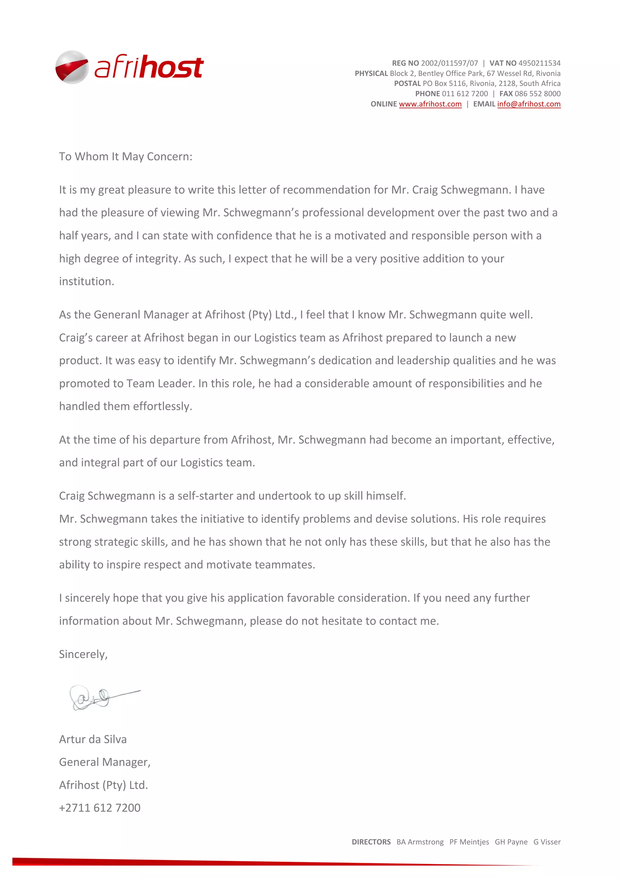 Arthur Da Silva, Afrihost - Reference Letter | PDF