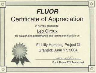 Fluor 2004 Certificate of Appreciation Eli Lilly | PPT