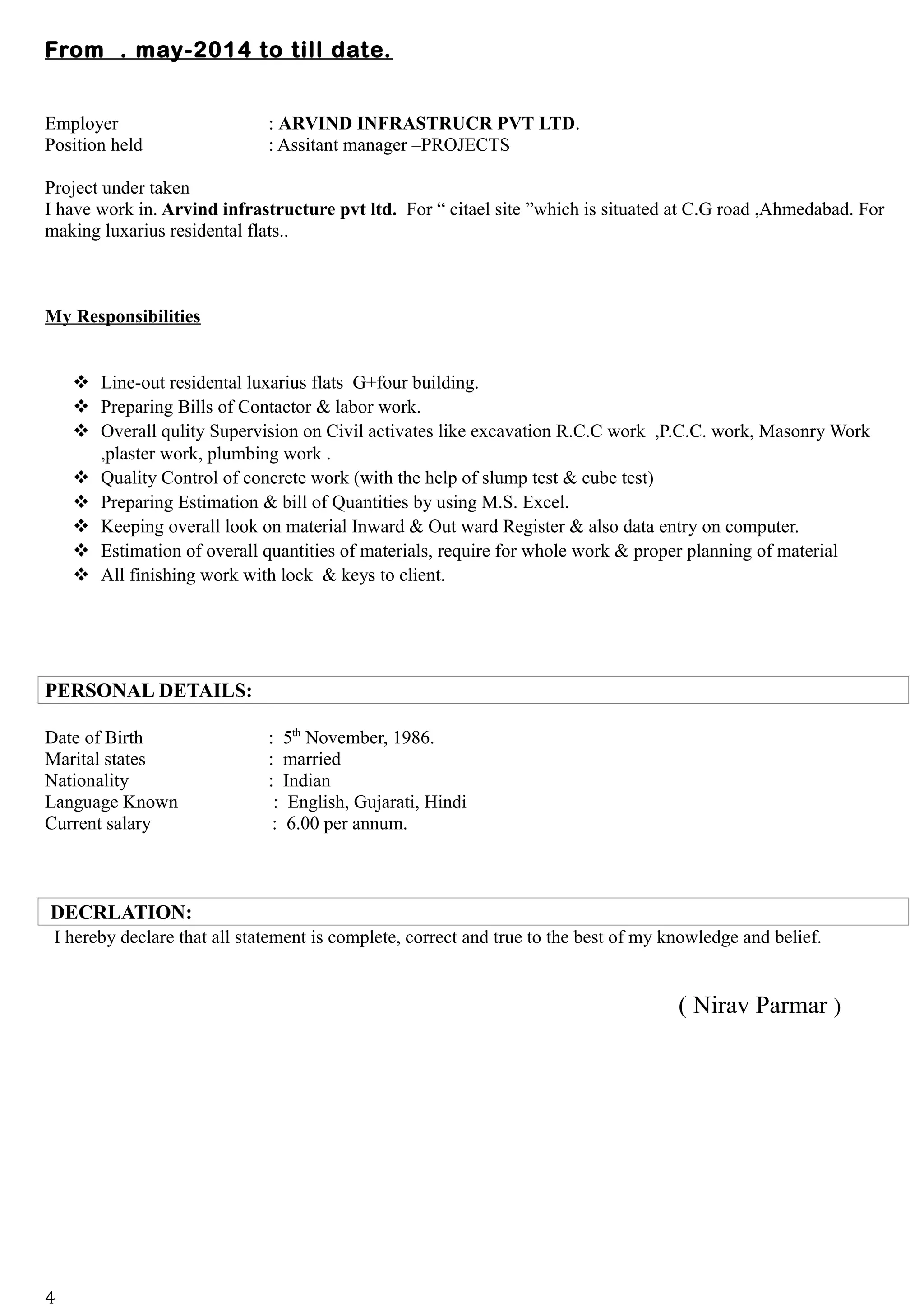 cv of nirav parmar-sr.civil engg | PDF