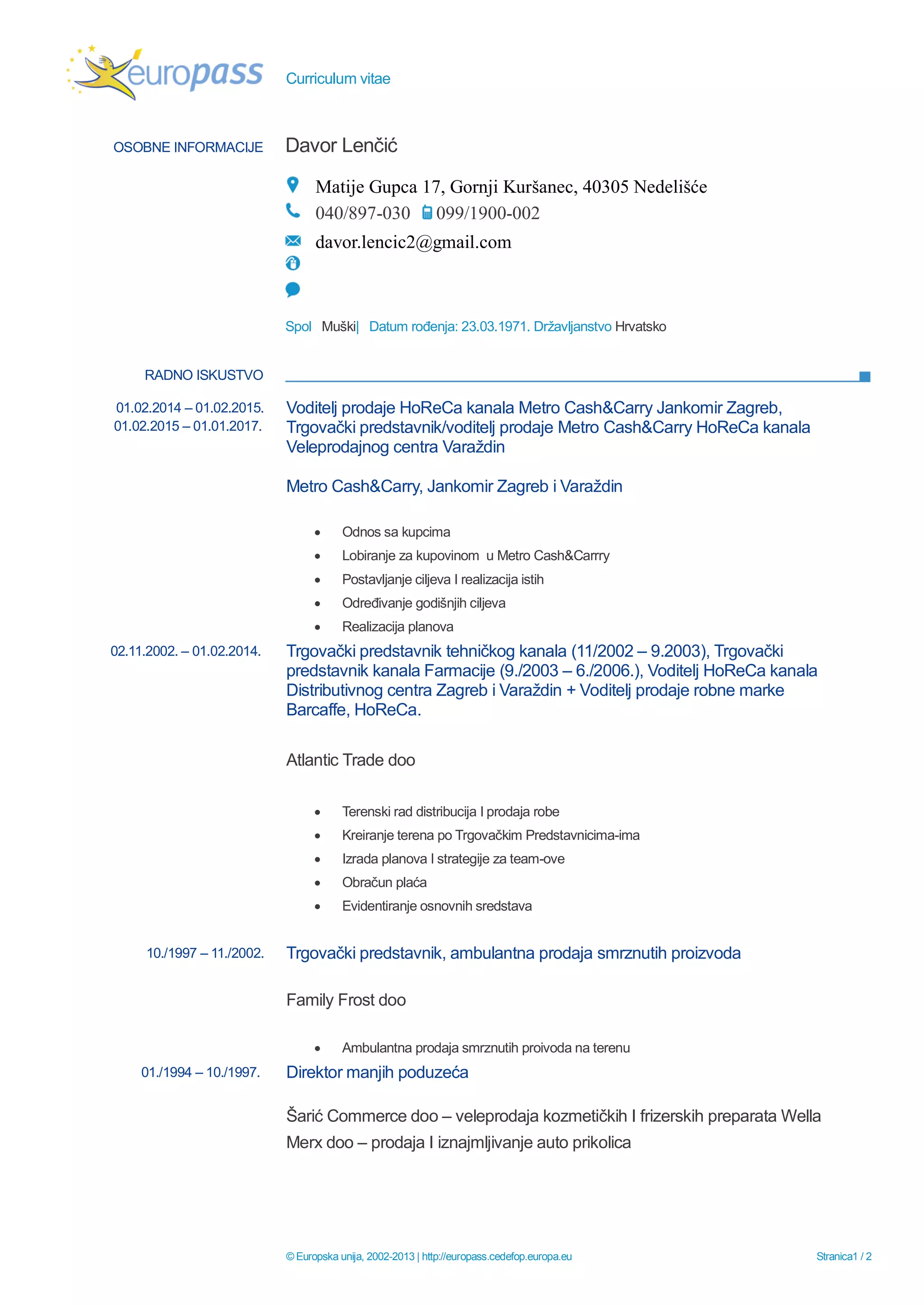 Životopis Lenčić Davor | PDF