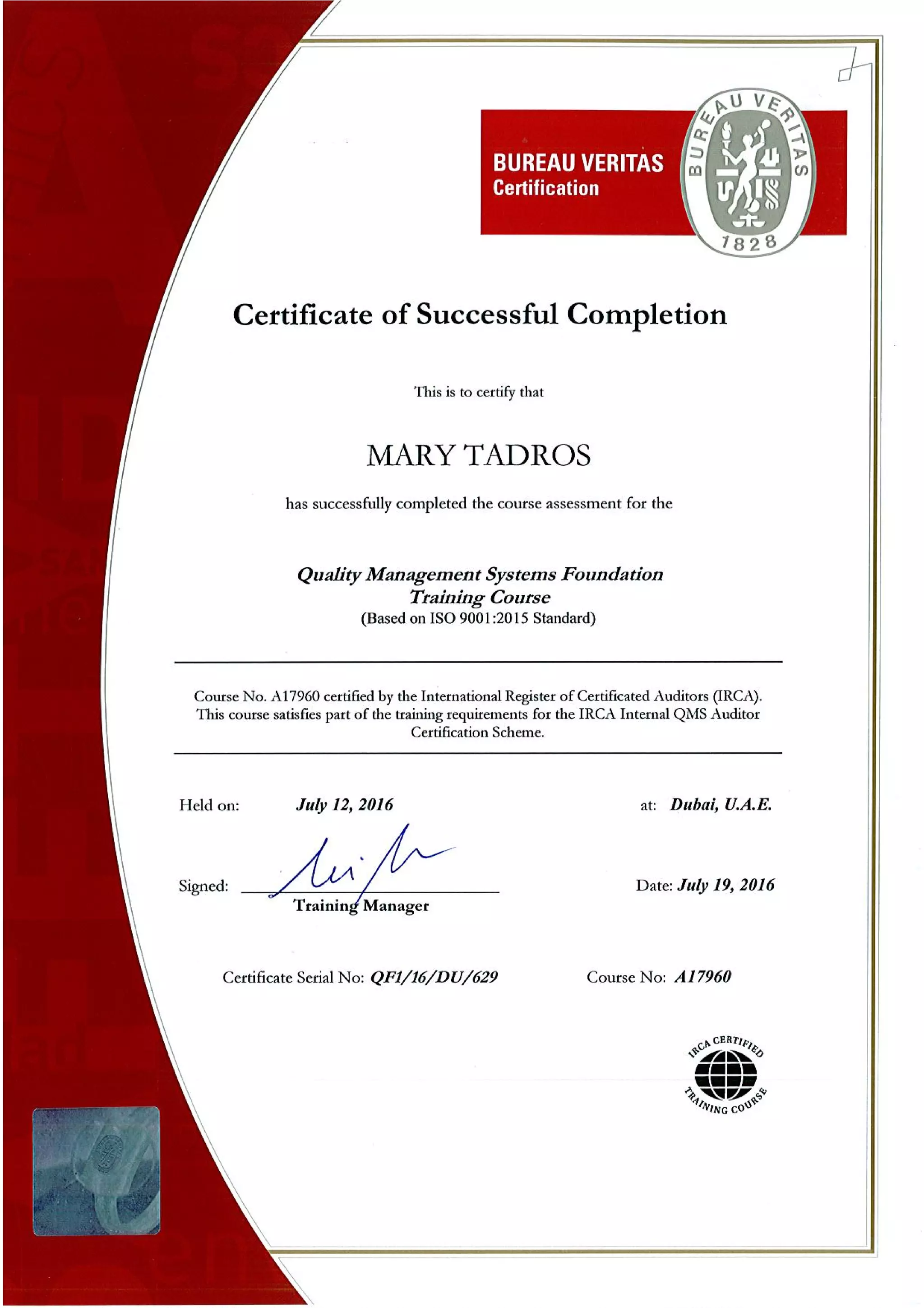 Mary Tadros QMS Foundation Certificate | PDF