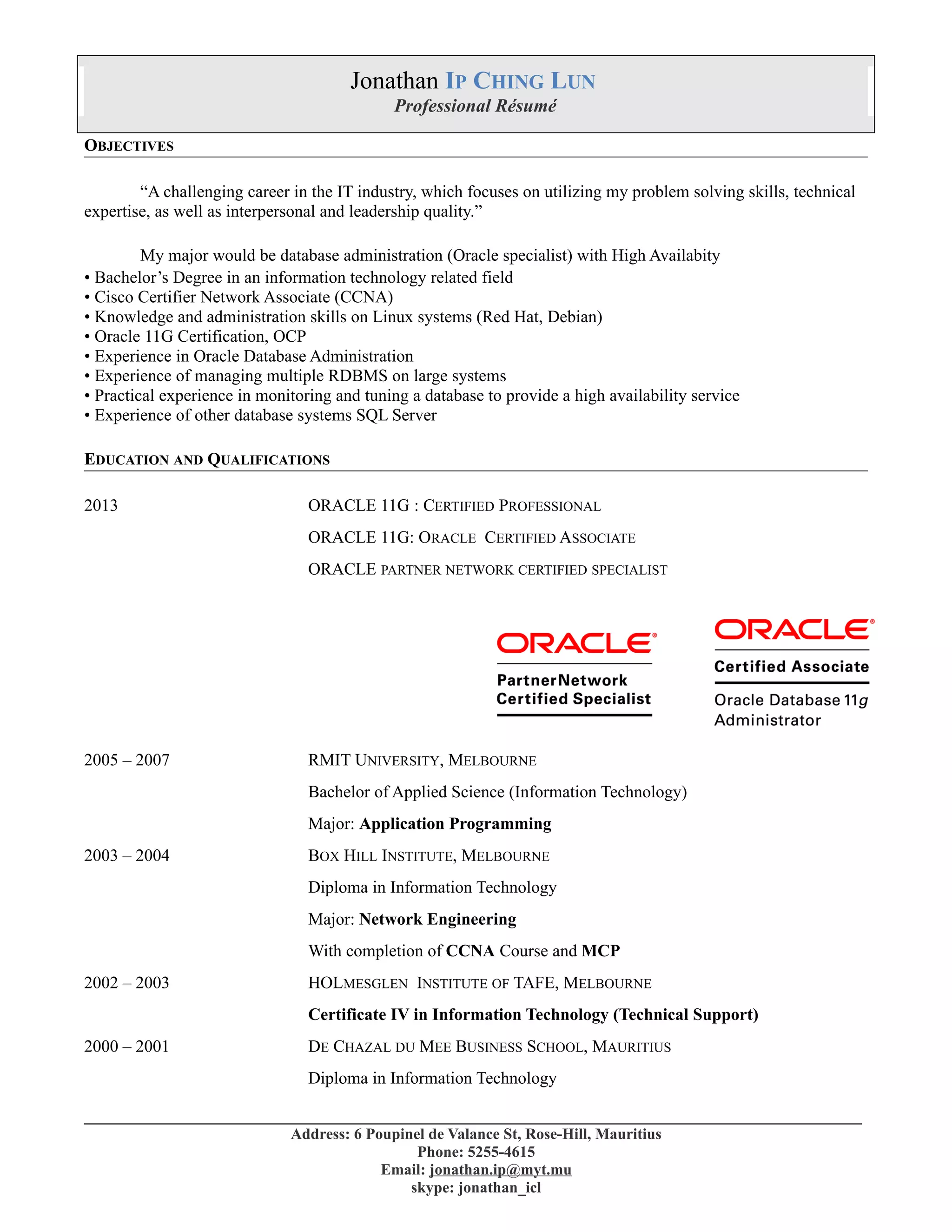 Jonthan Professional Resumé Mauritius | PDF
