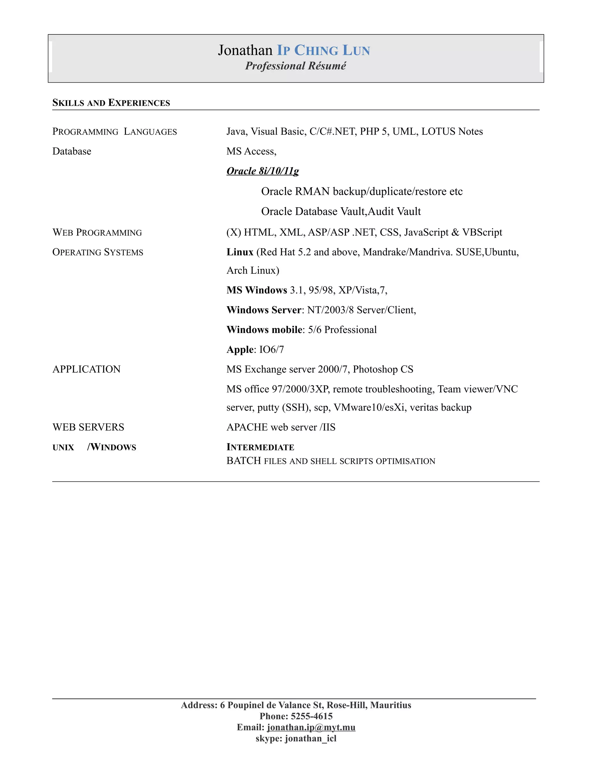 Jonthan Professional Resumé Mauritius | PDF