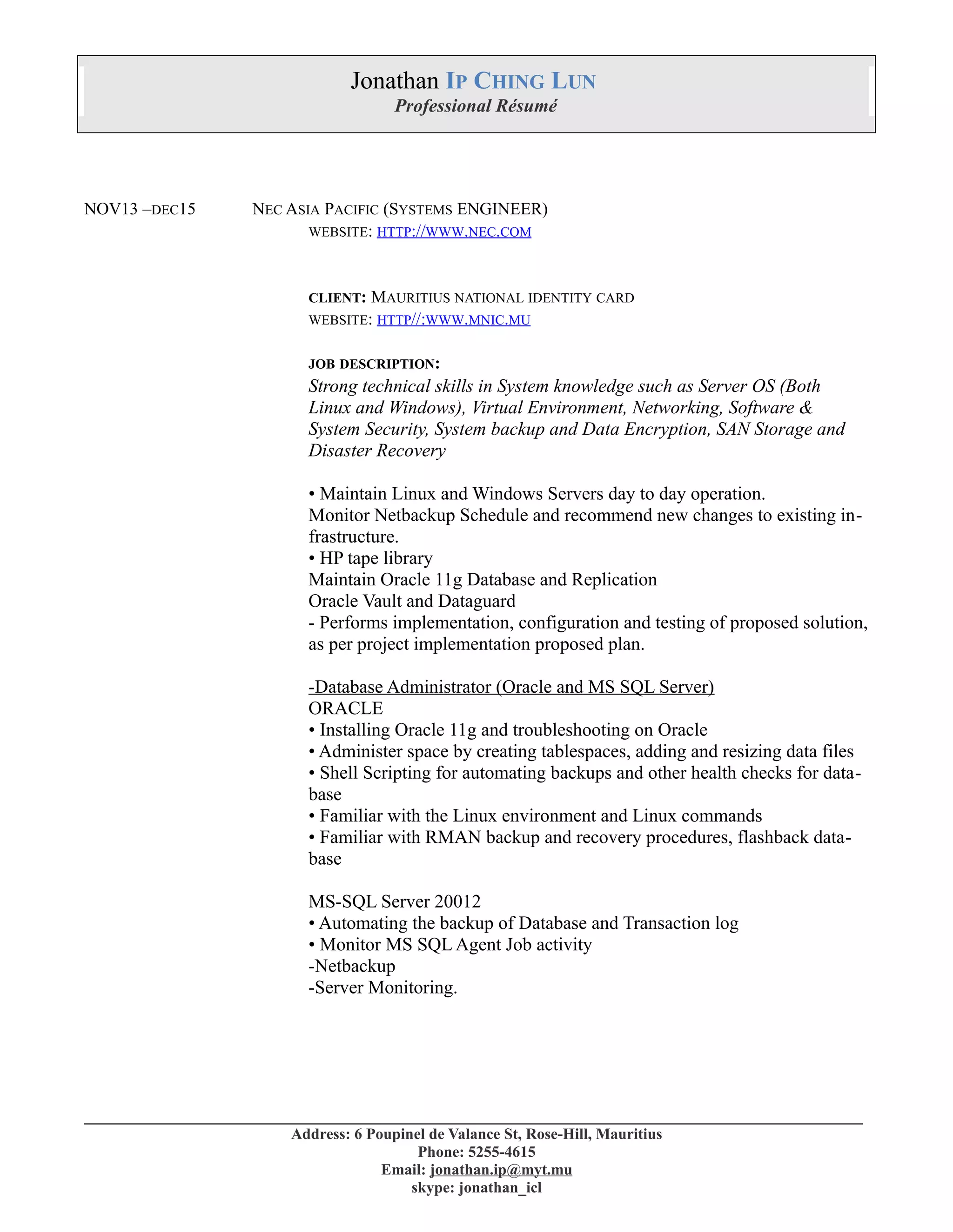 Jonthan Professional Resumé Mauritius | PDF