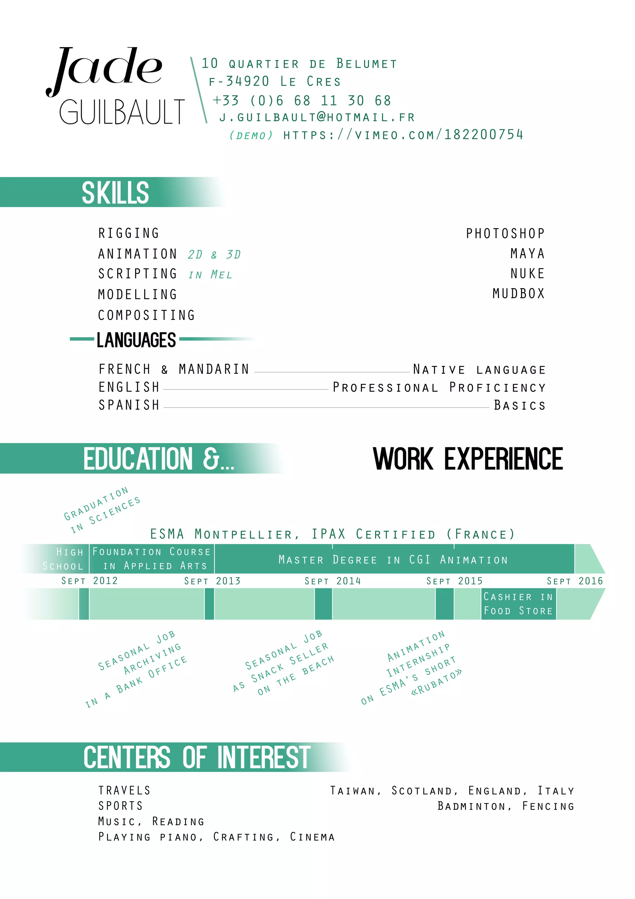 jadeGuilbault_resume | PDF | Computer Animation | Computer Software and Applications