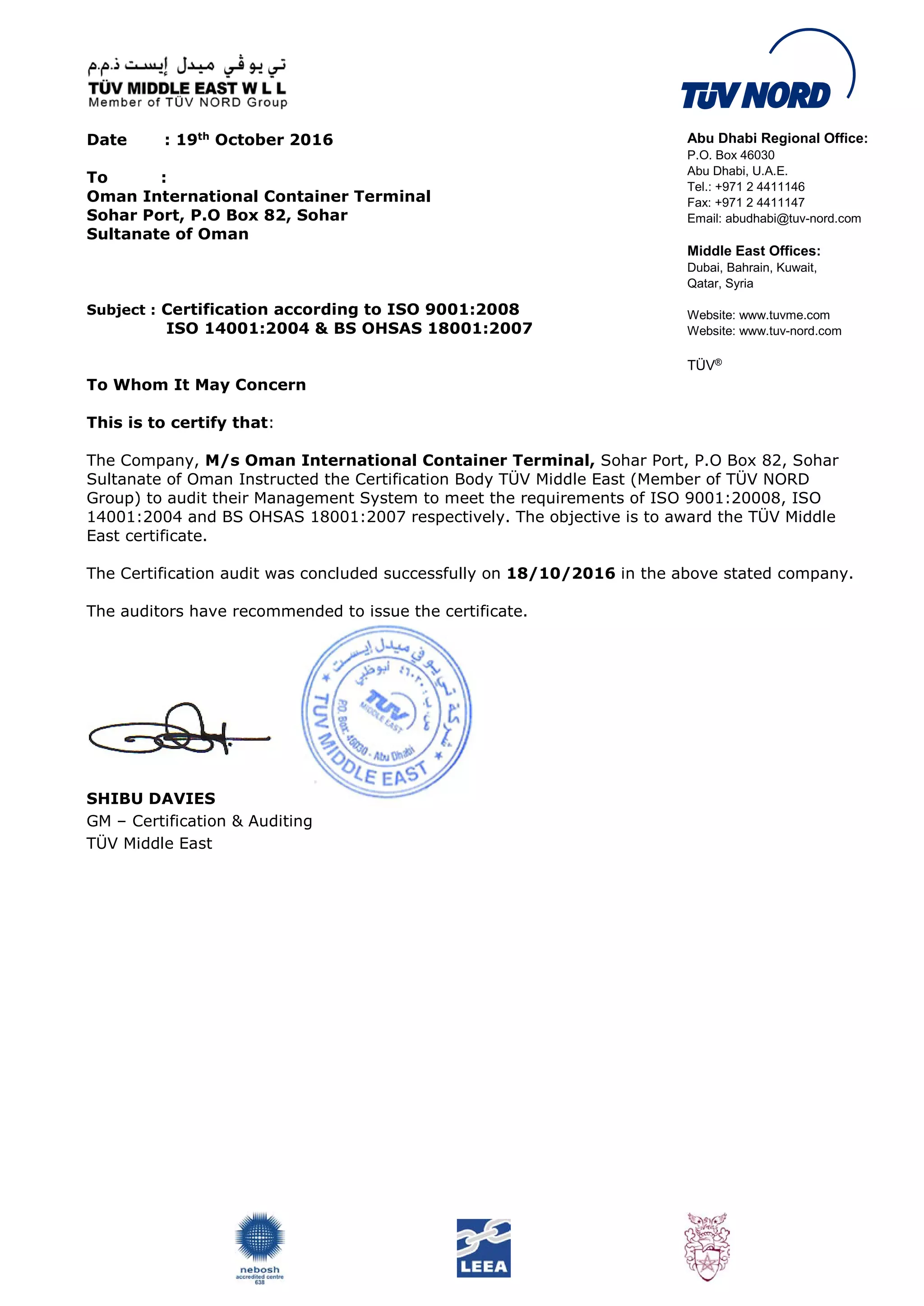 Oman International Container Terminal- Recommendation Letter | PDF