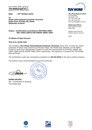 Oman International Container Terminal- Recommendation Letter | PDF
