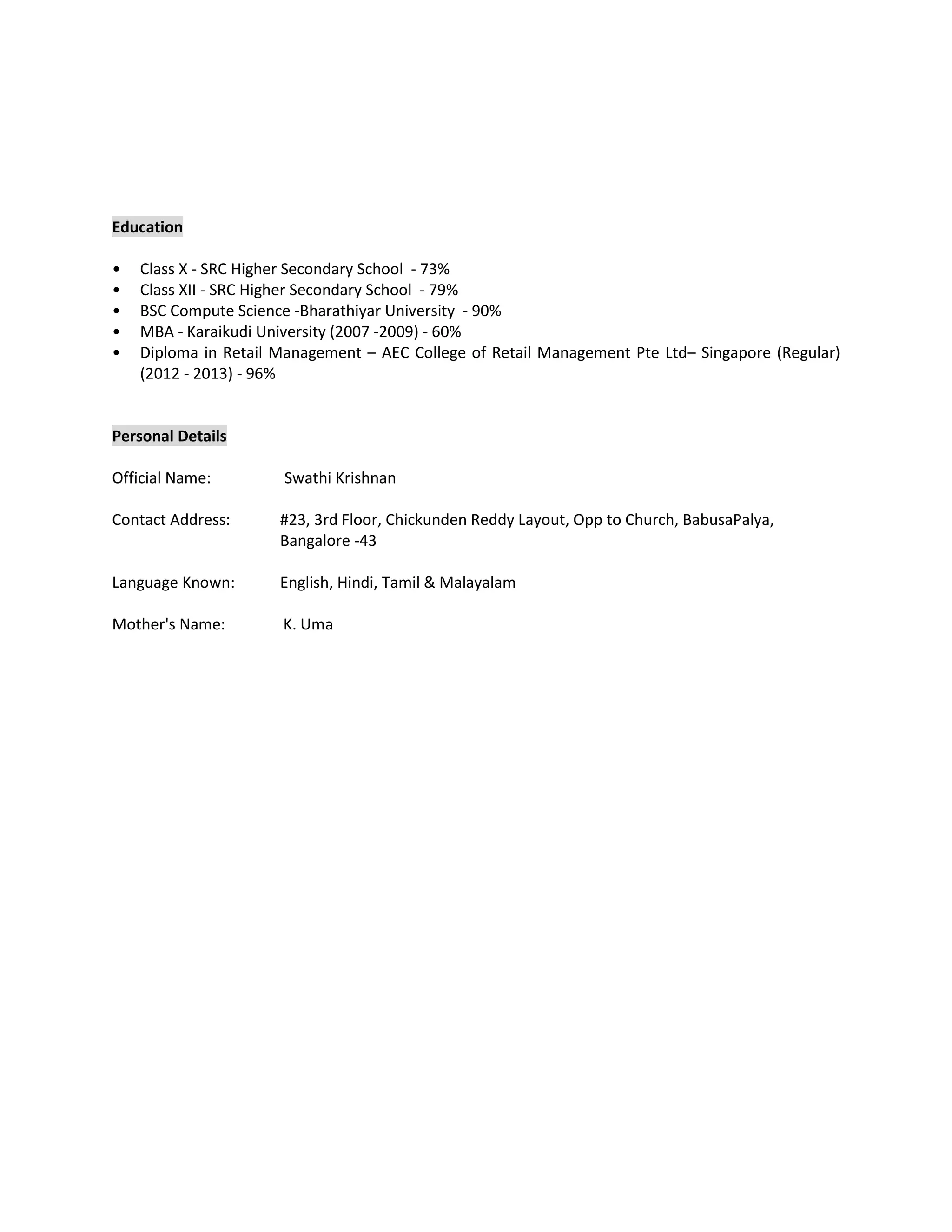 Swathi Krishnan - Resume | PDF