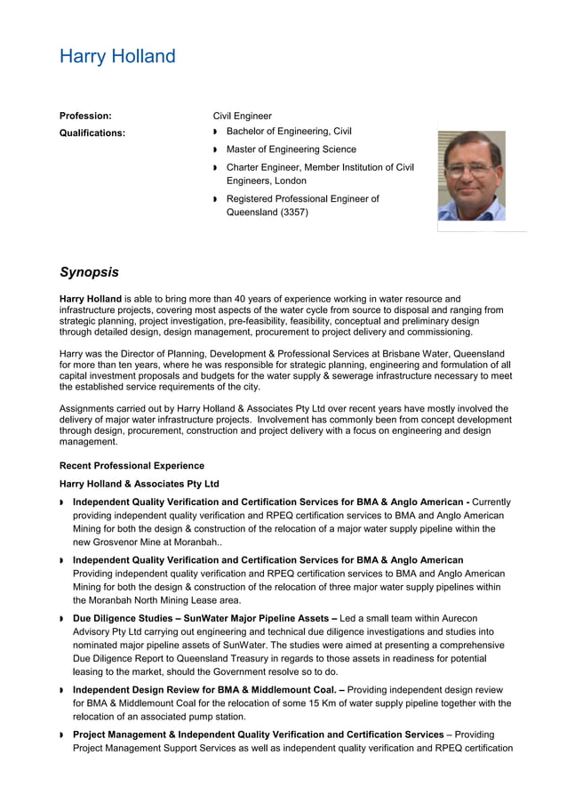 Harry Holland CV Update Water Infrastructure & Pipelines August 2015 ...