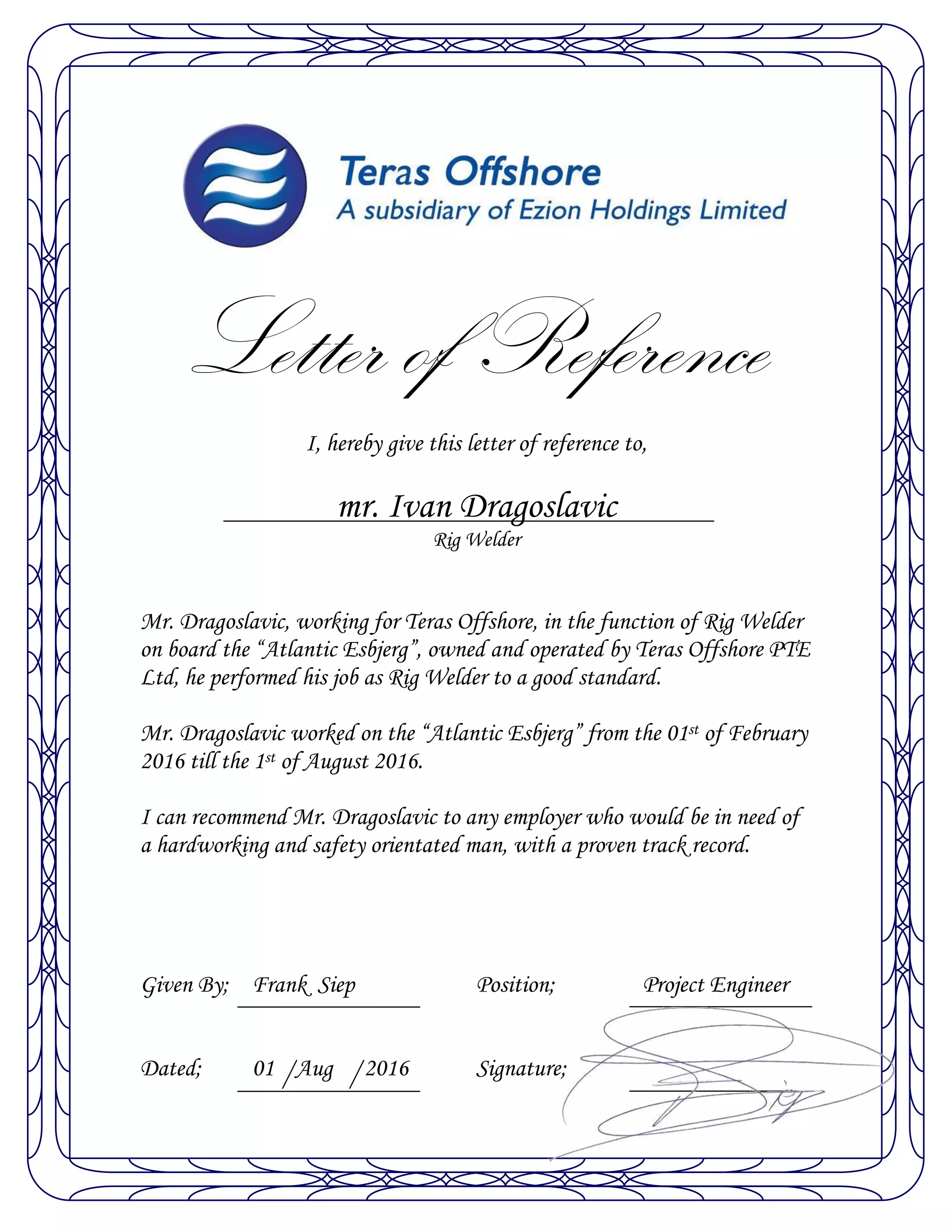 Reference Letter - Frank Siep - Offshore Instalation Manage | PDF