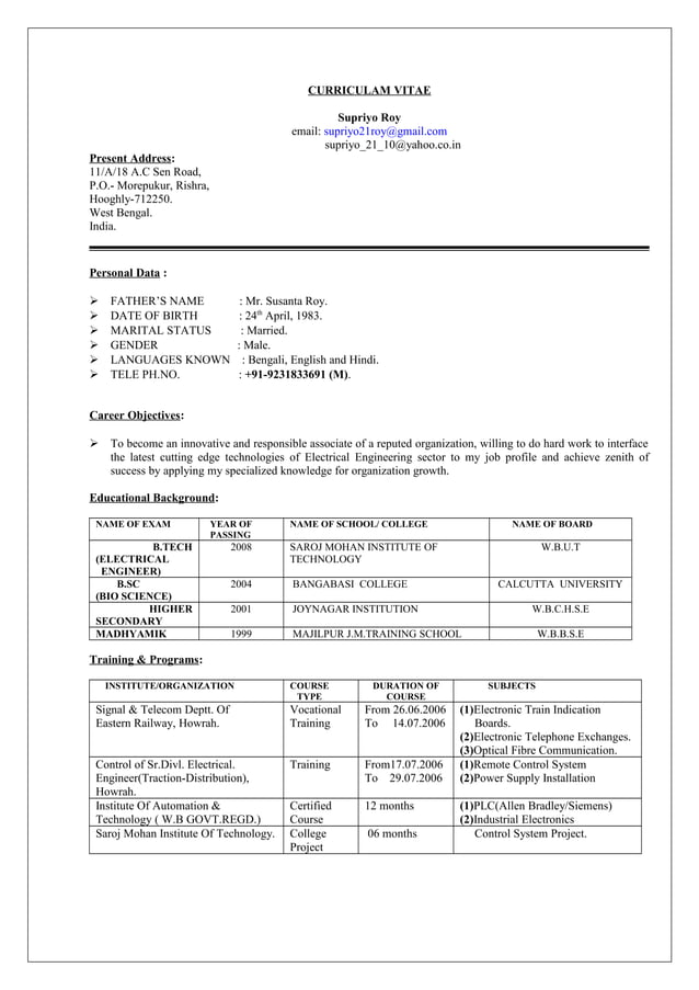 SUPRIYO ROY--CURRICULAM VITAE - Updated | DOC