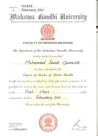 MPH Degree Certificate | PDF | Education