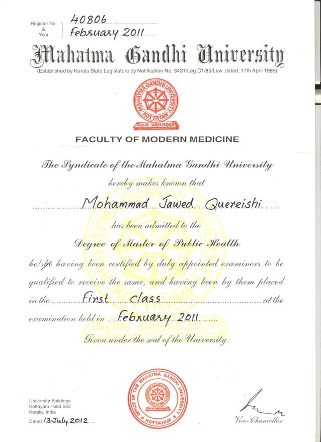 MPH Degree Certificate | PDF | Education