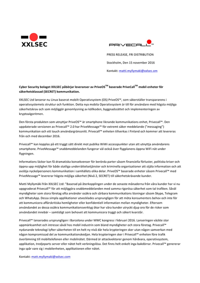 XXLSEC - Privecall 2.0 15Nov16 SV PRESS RELEASE FINAL | PDF