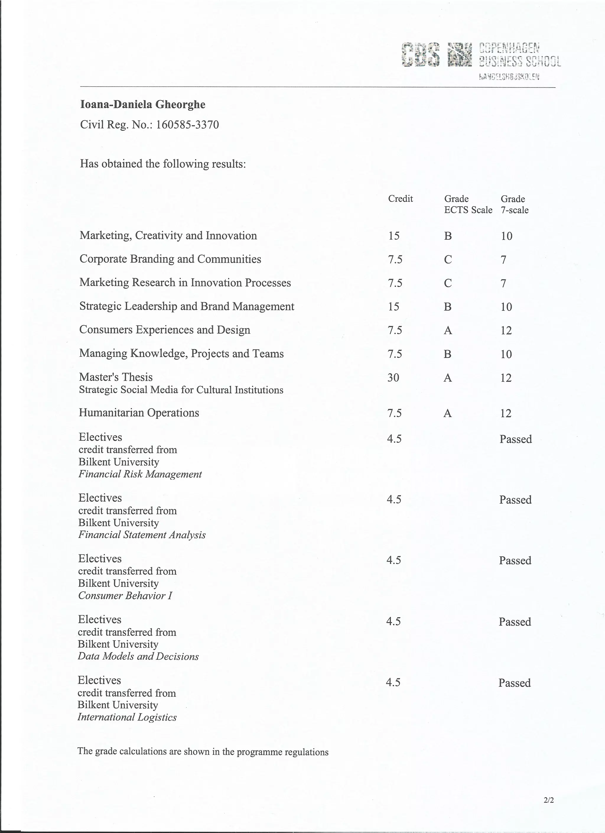 CBS Grades Transcript | PDF