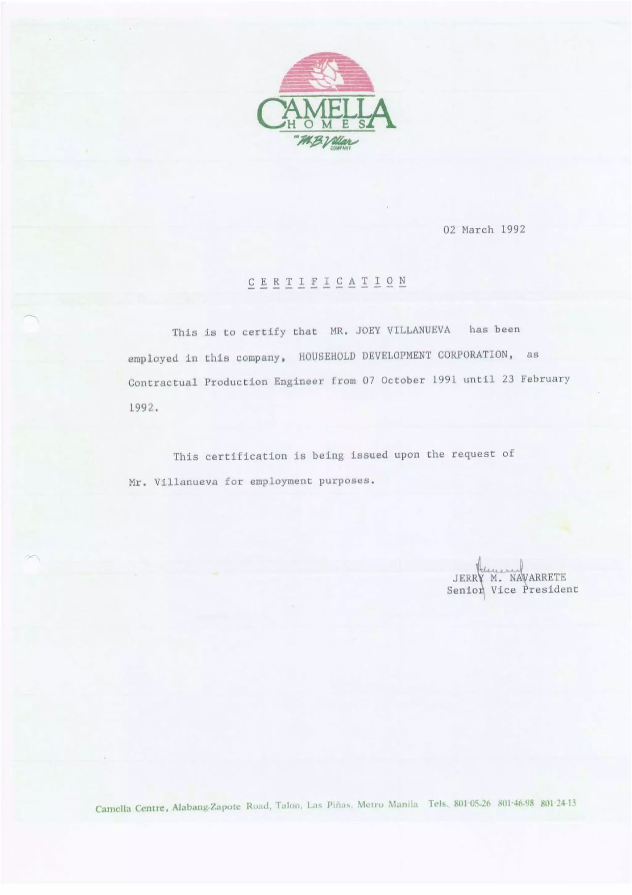 HOUSEHOLD DEVELOPMENT CORPORATION CERTIFICATE | PDF