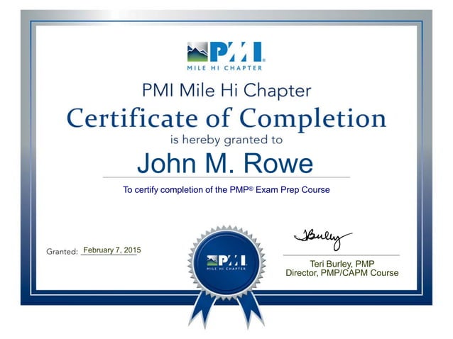 PMI Bootcamp Certificate, John M Rowe | PDF