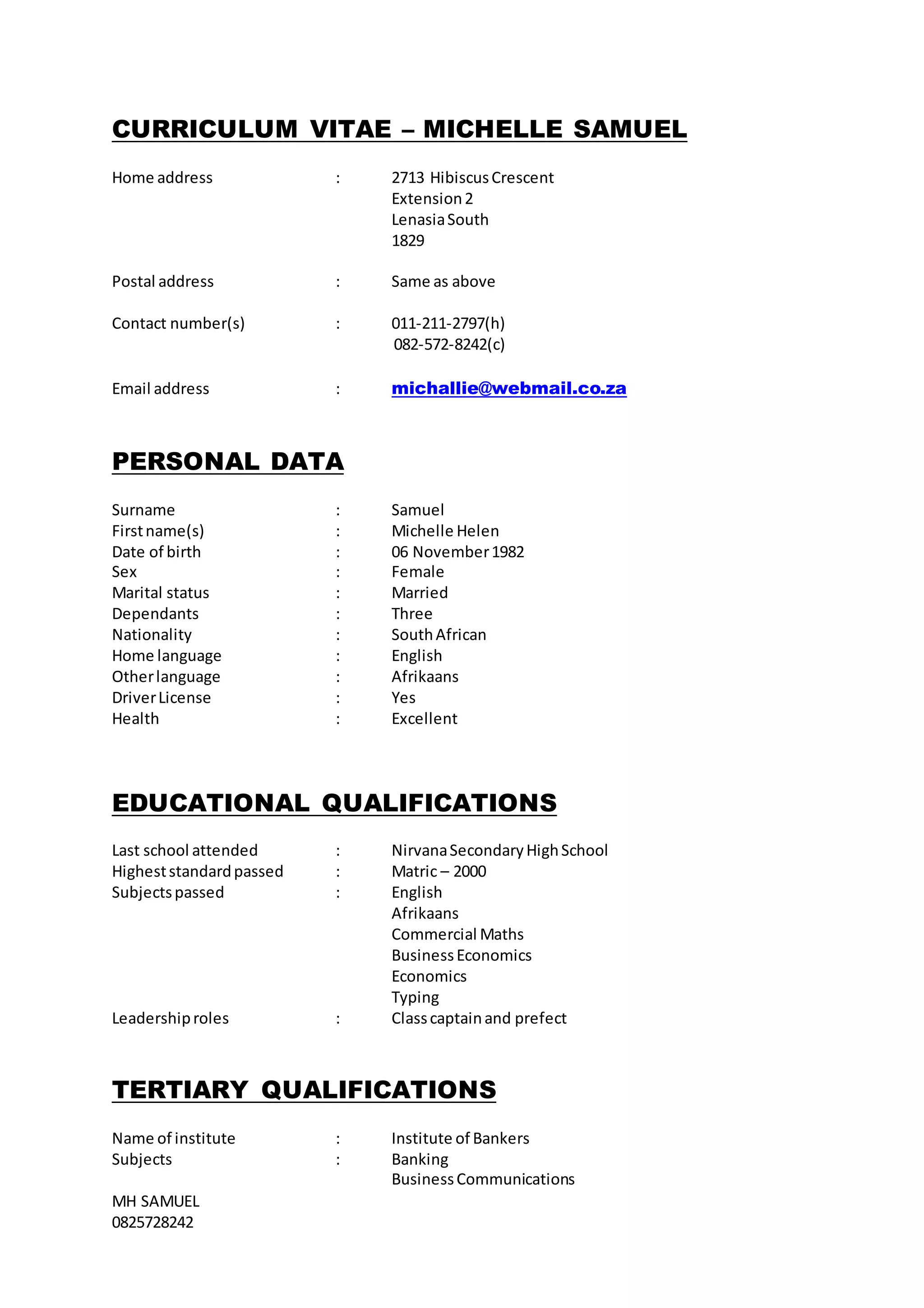 CURRICULUM VITAE of Michelle Samuel | PDF