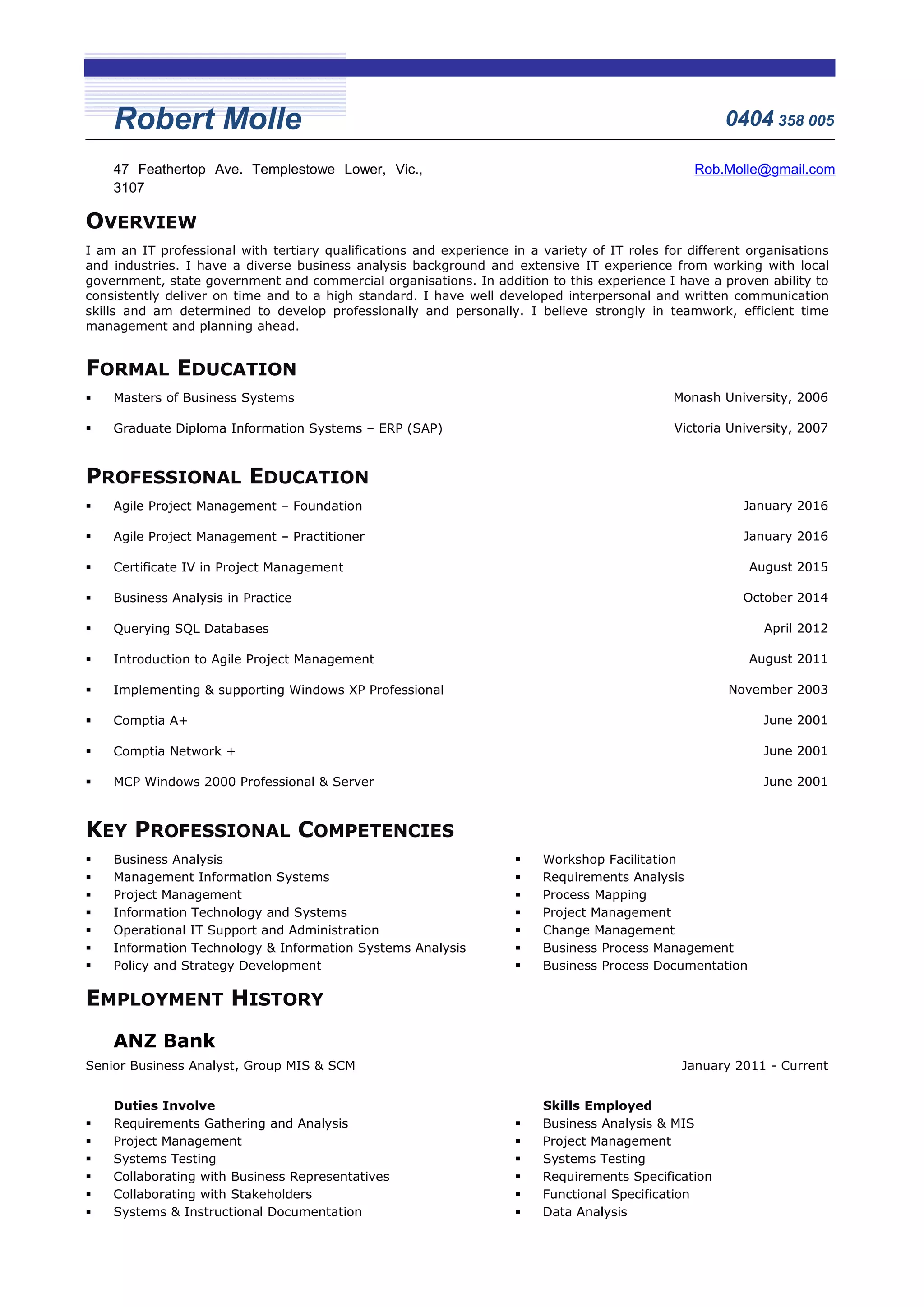 Robert Molle - CV - Jan 2016 | DOC