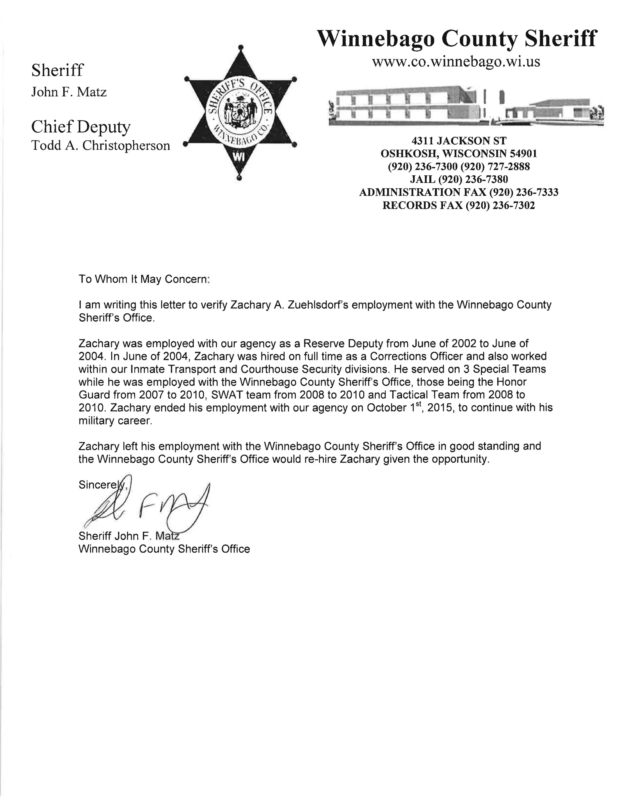 Winnebago County Sheriff's Dept Letter - Zuehlsdorf | PDF