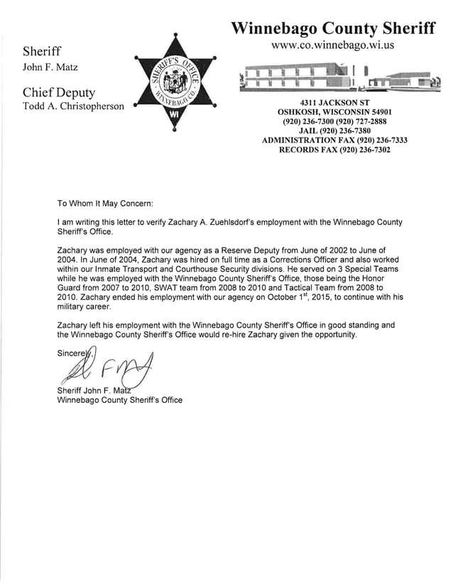 Winnebago County Sheriff's Dept Letter - Zuehlsdorf | PDF