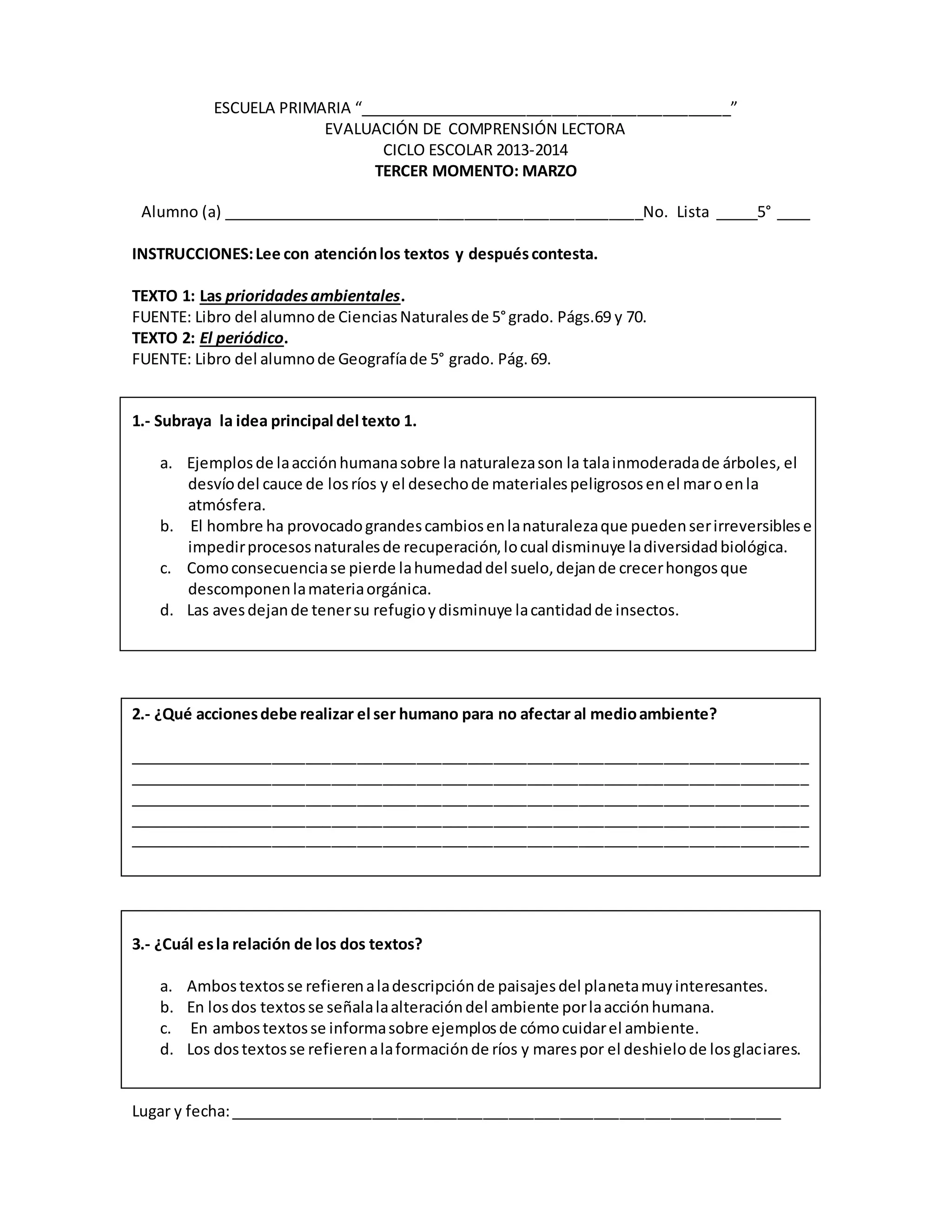 5deg ejercicios de_comprension_lectora | DOCX | Geography | Science