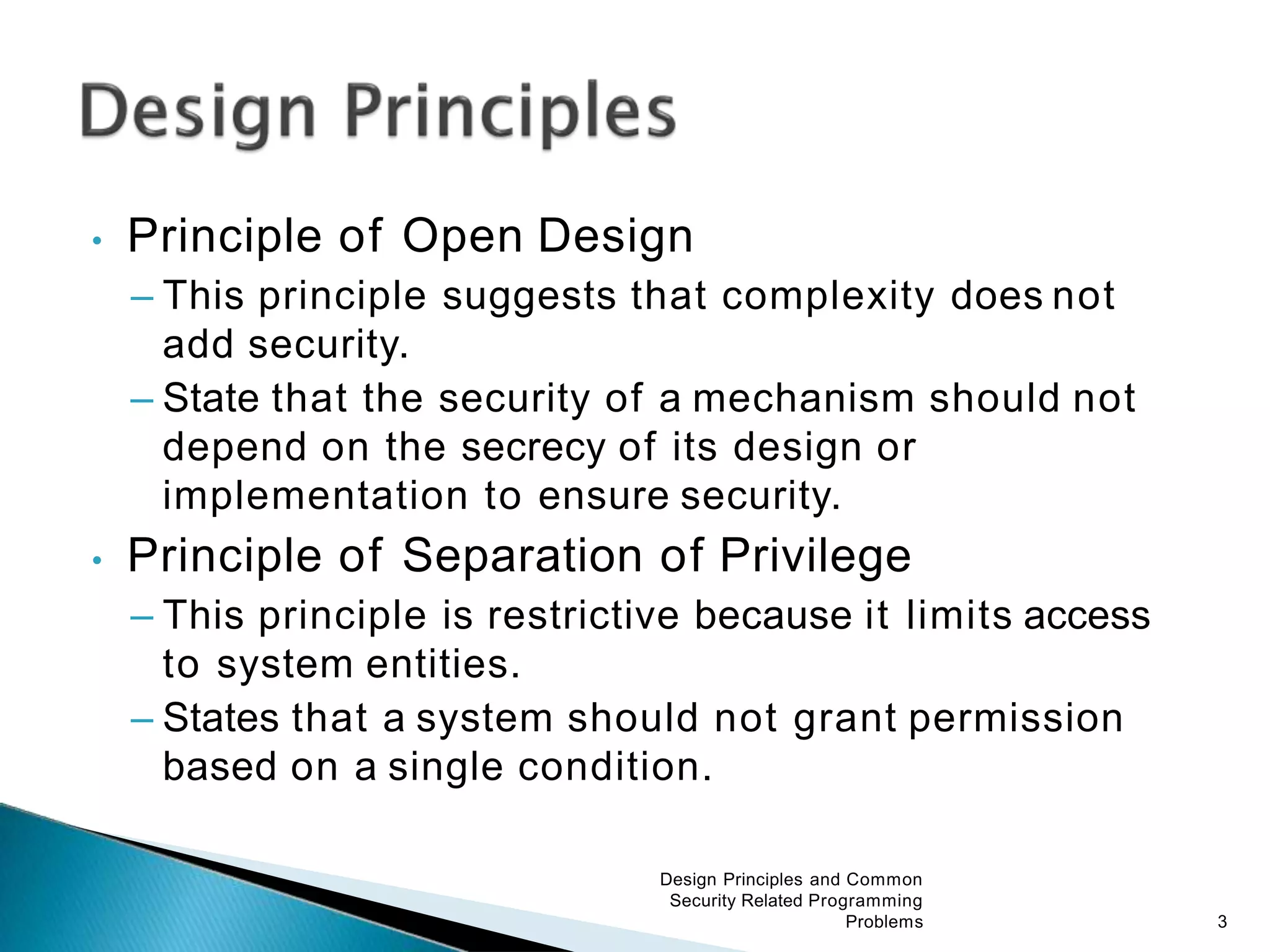 Design principles and common security related programming principles ...