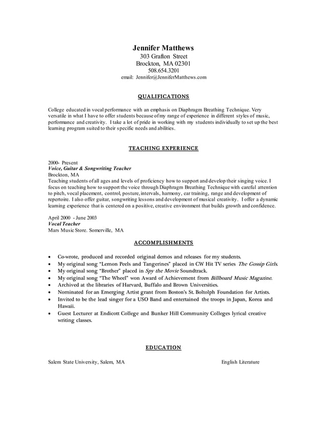 Vocal Teaching Resume | PDF