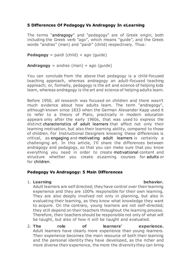 5 differences of pedagogy vs andragogy in learning | PDF