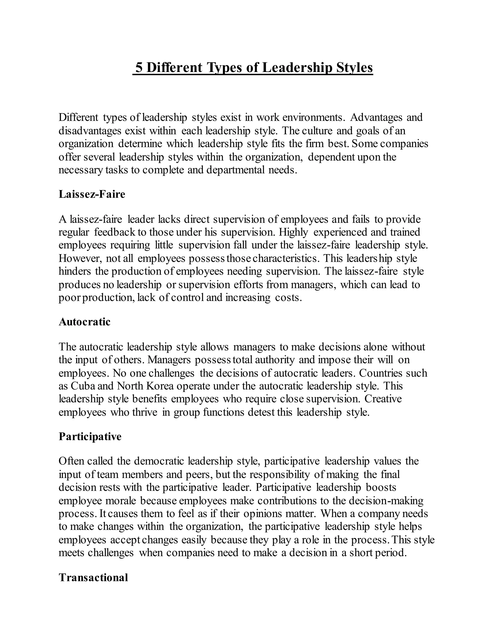 5 different types of leadership styles | PDF