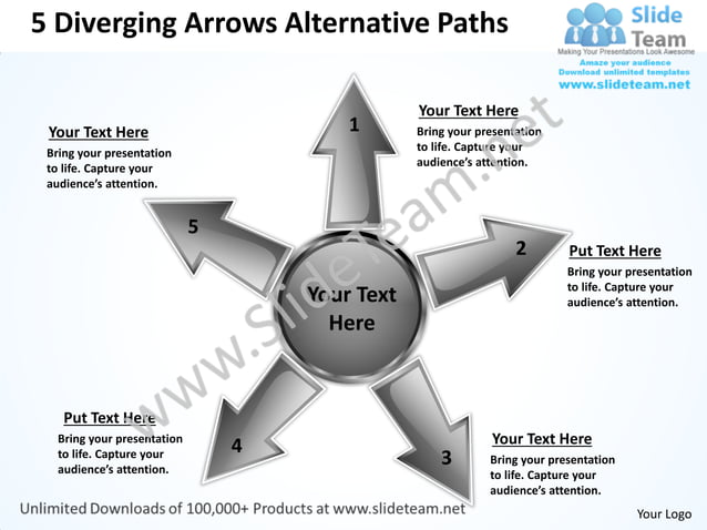 5 diverging arrows alternative paths charts and power point templates | PDF