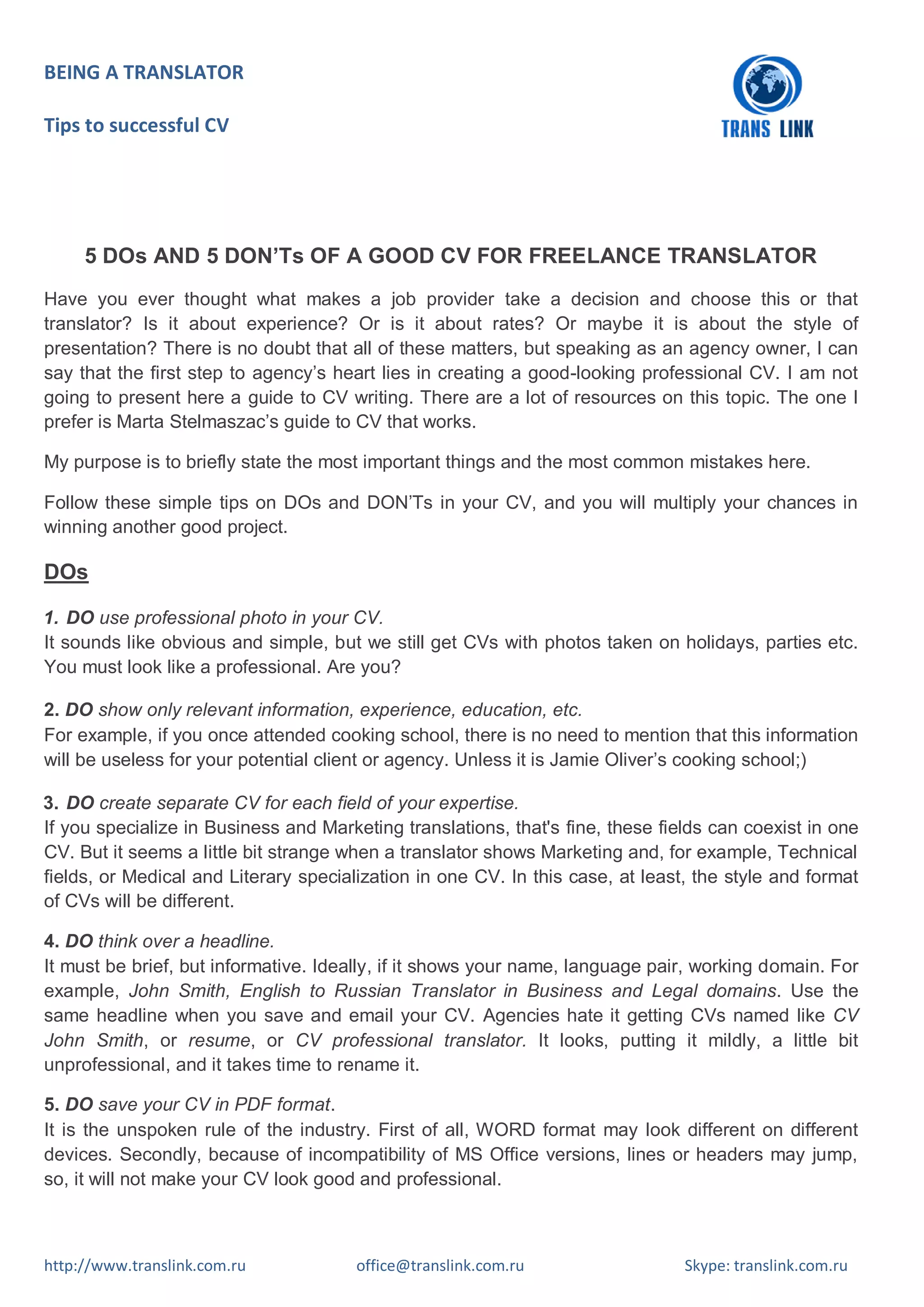 5 DOs and 5 DON'Ts of a good CV for freelance translator | PDF