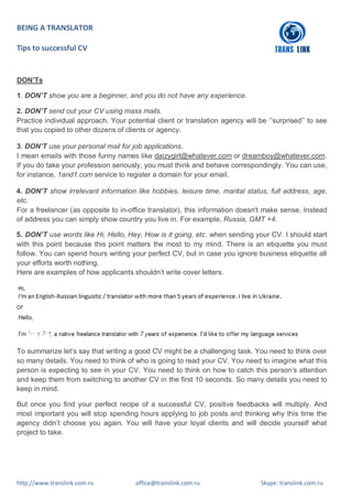 5 DOs and 5 DON'Ts of a good CV for freelance translator | PDF