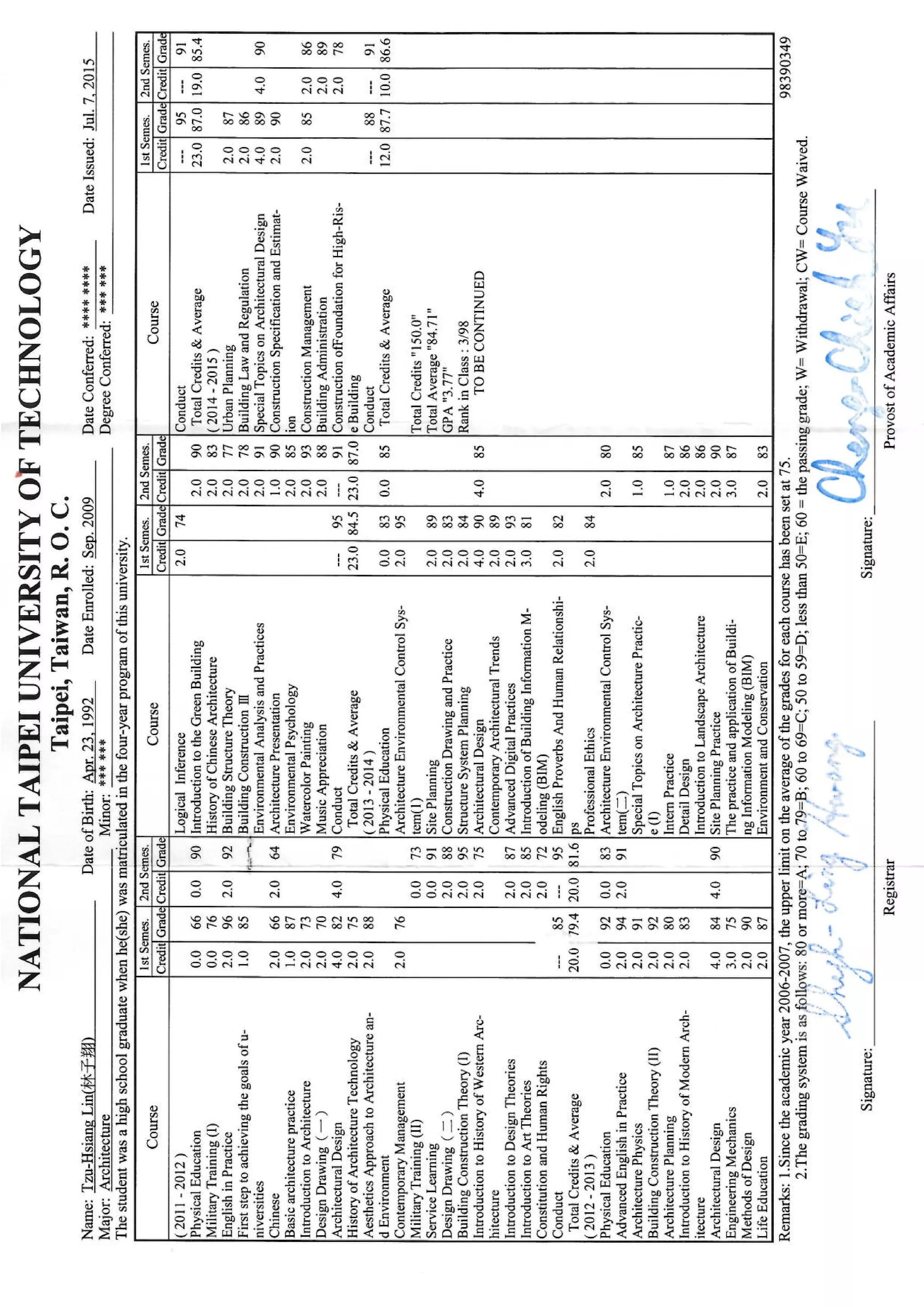 Tzu-Hsiang Lin_ NTUT Transcript 2015 | PDF