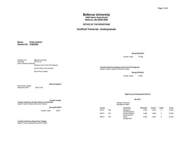 Transcript from Bellevue University 2017 | PPT