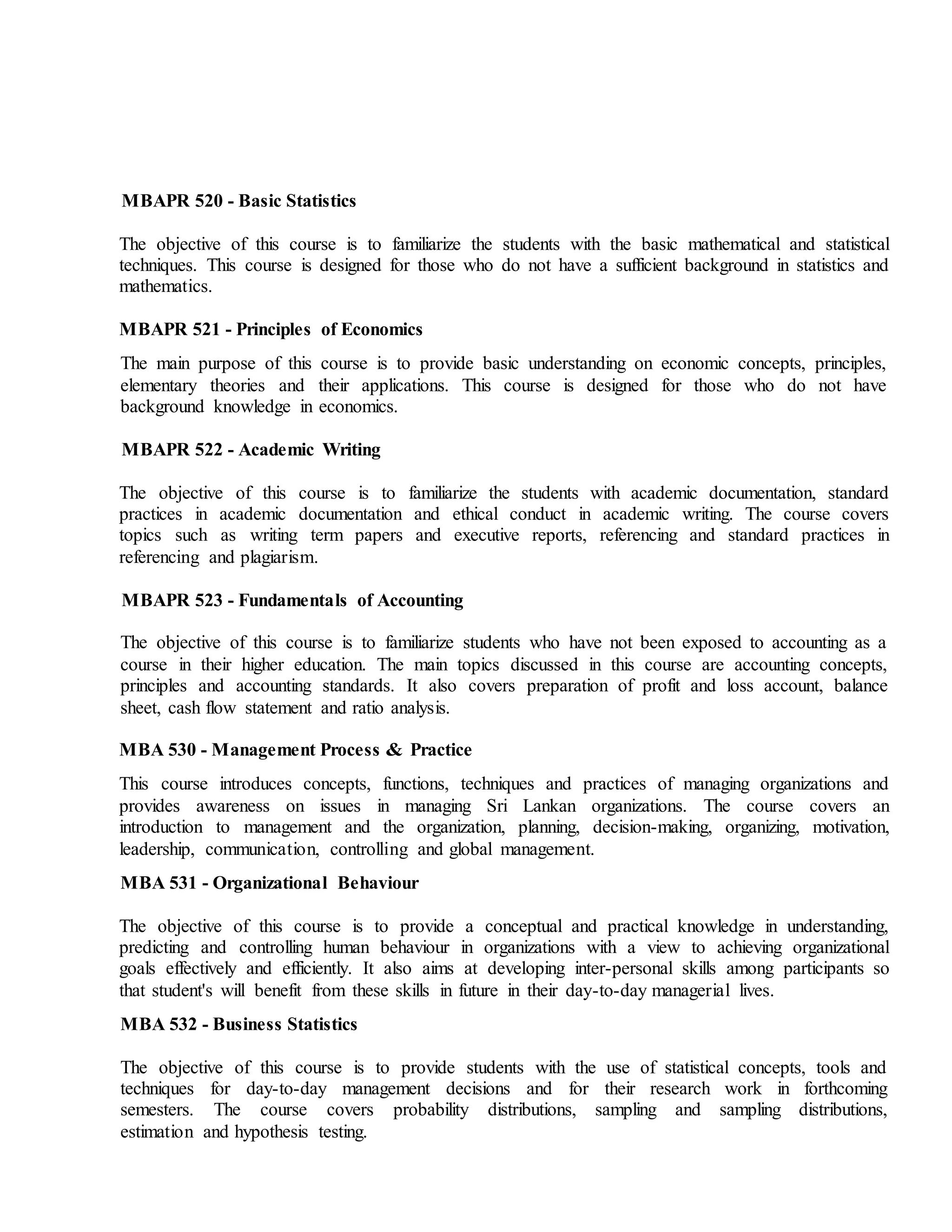 MBA Curriculum at UNI of Colombo Sri Lanka | DOCX