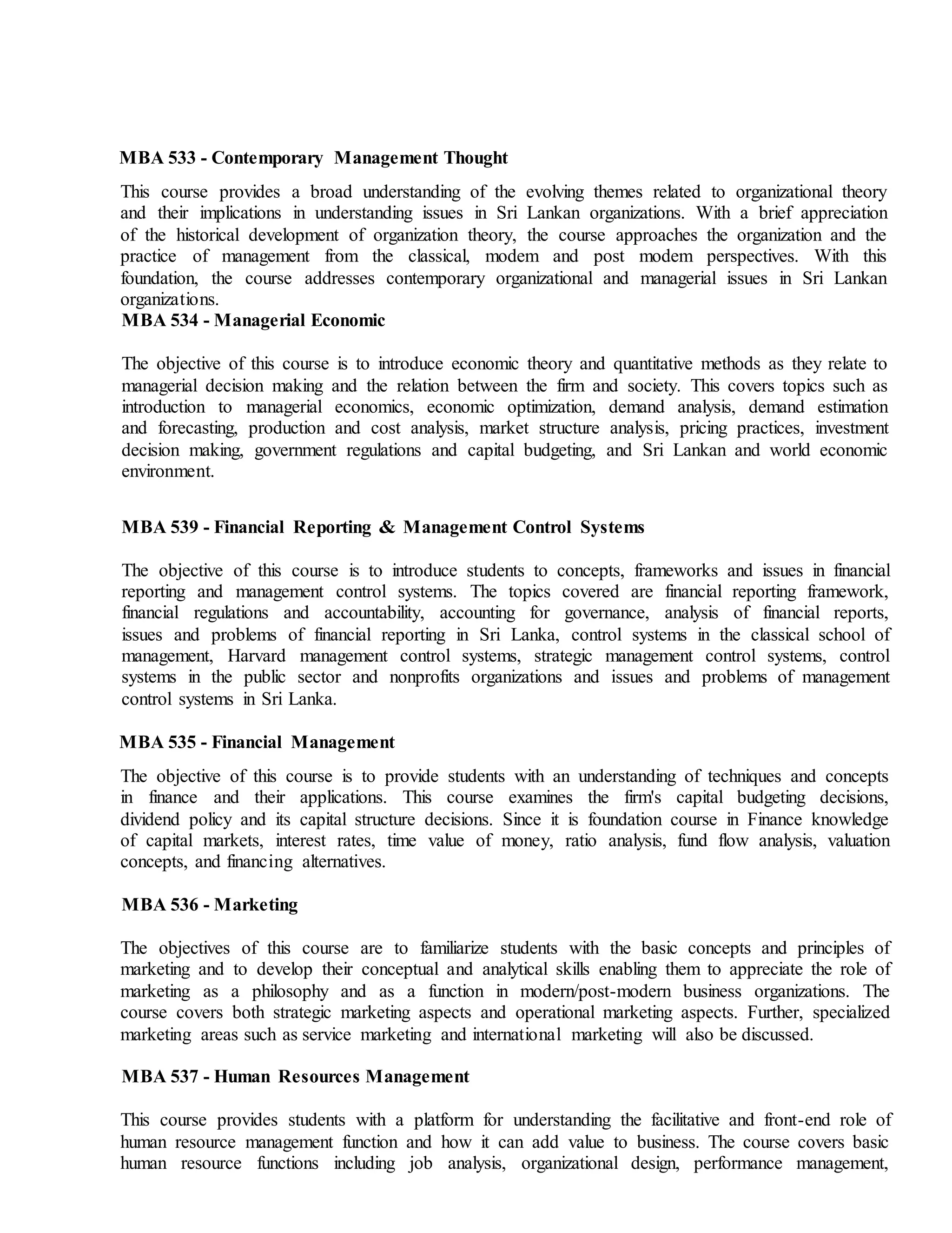 MBA Curriculum at UNI of Colombo Sri Lanka | DOCX