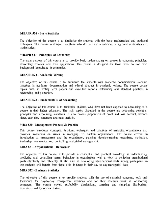 MBA Curriculum at UNI of Colombo Sri Lanka | PDF