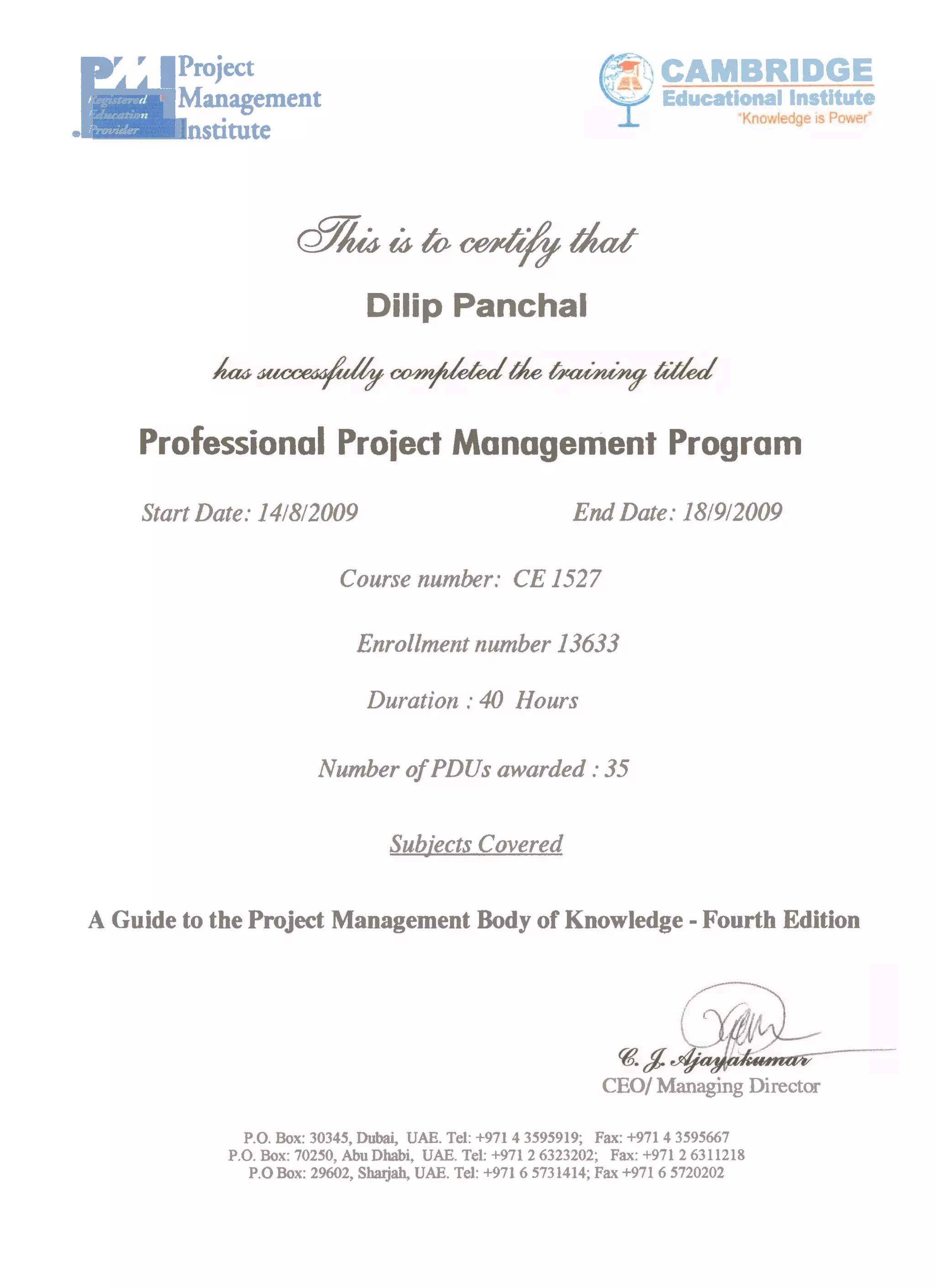 Dilip PMP traiining Certificate | PDF | Business | Business and Finance