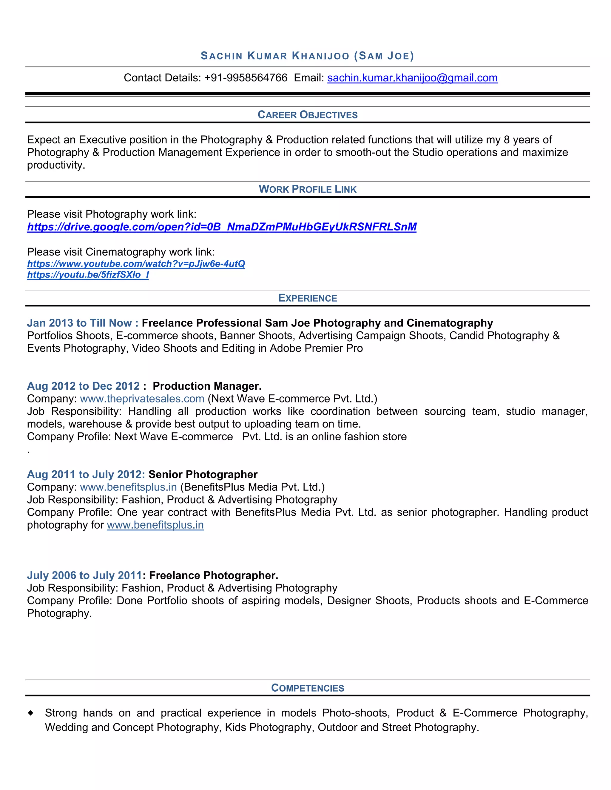 sachin kumar khanijoo resume - Copy | PDF | Photography | Arts and Crafts