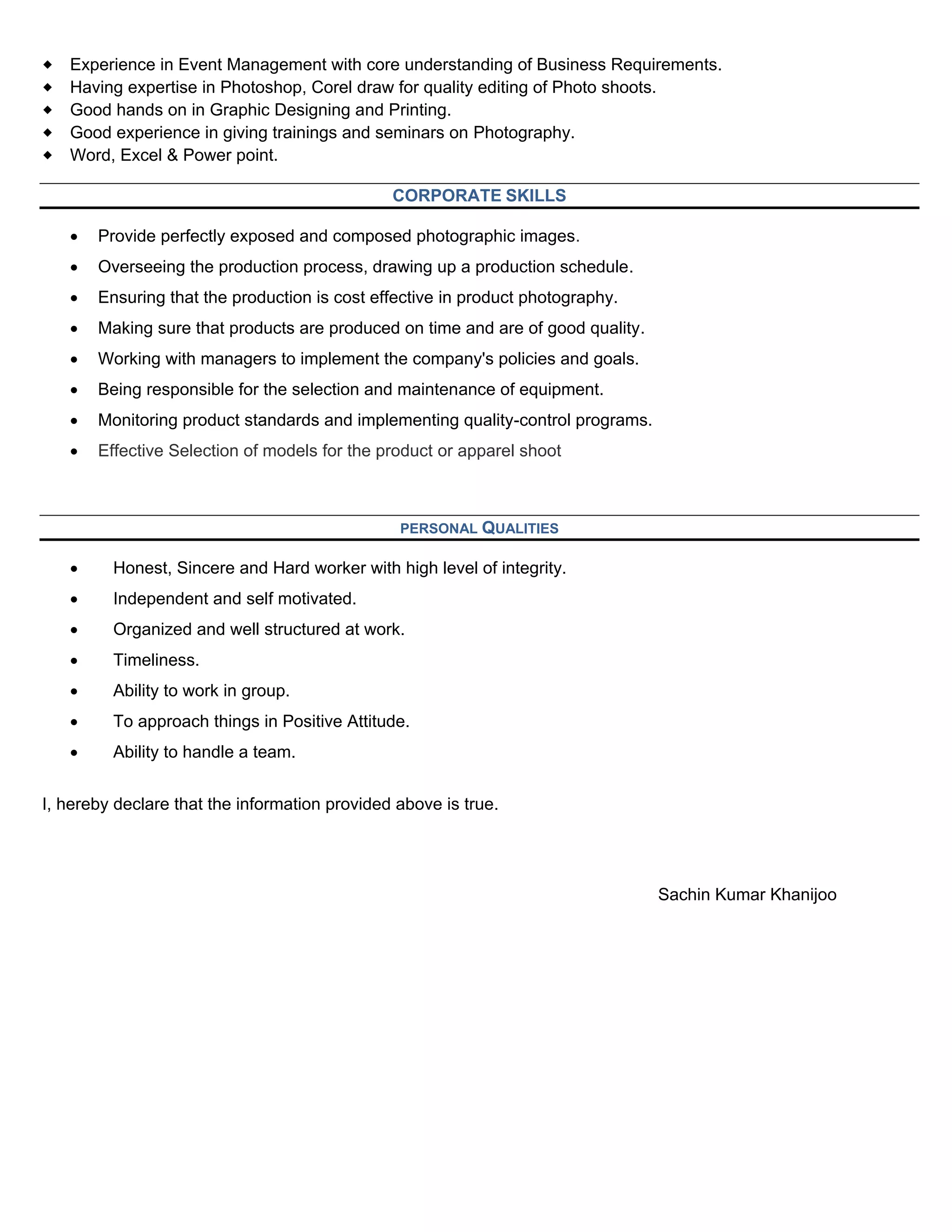 sachin kumar khanijoo resume - Copy | PDF | Photography | Arts and Crafts