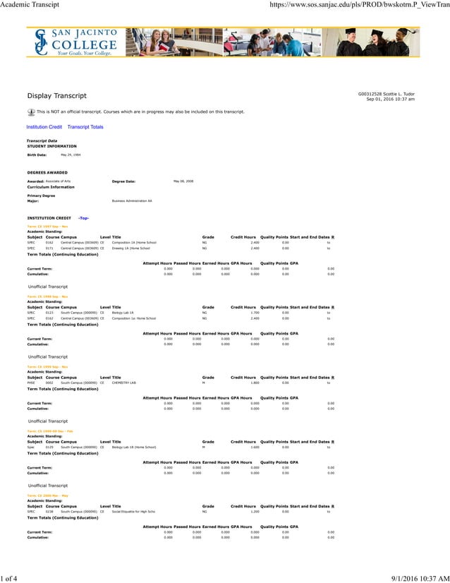San Jac Transcript | PDF | Undergraduate Education | College Education