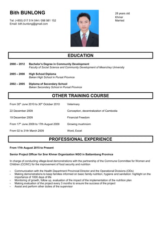Bith BUNLONG CV | DOC | Business | Business and Finance