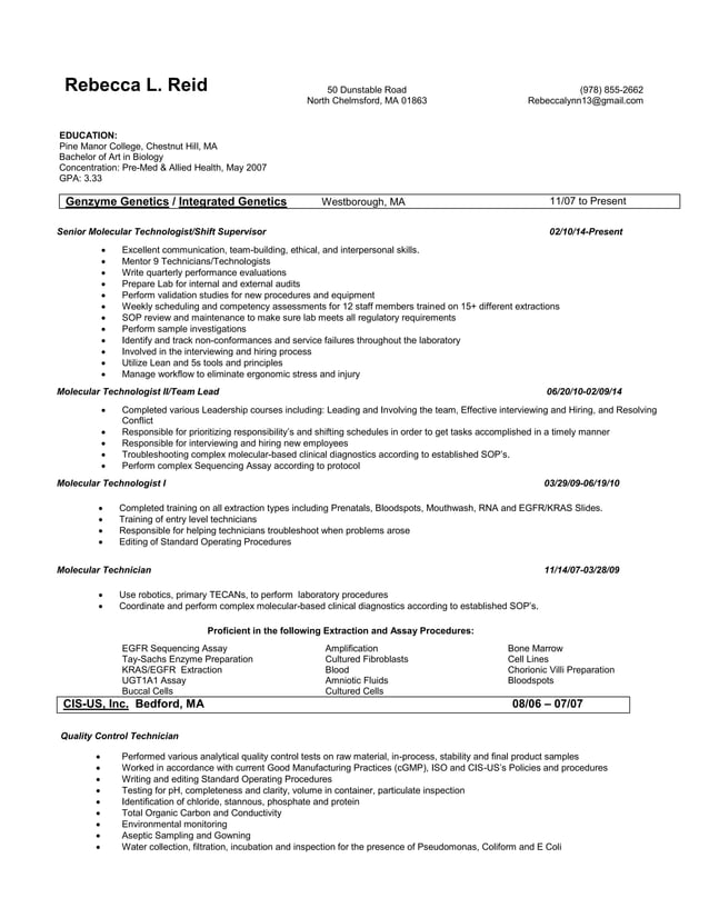 Rebecca Reid 030615 Resume | DOCX | Biotech and Biomedical Industry ...