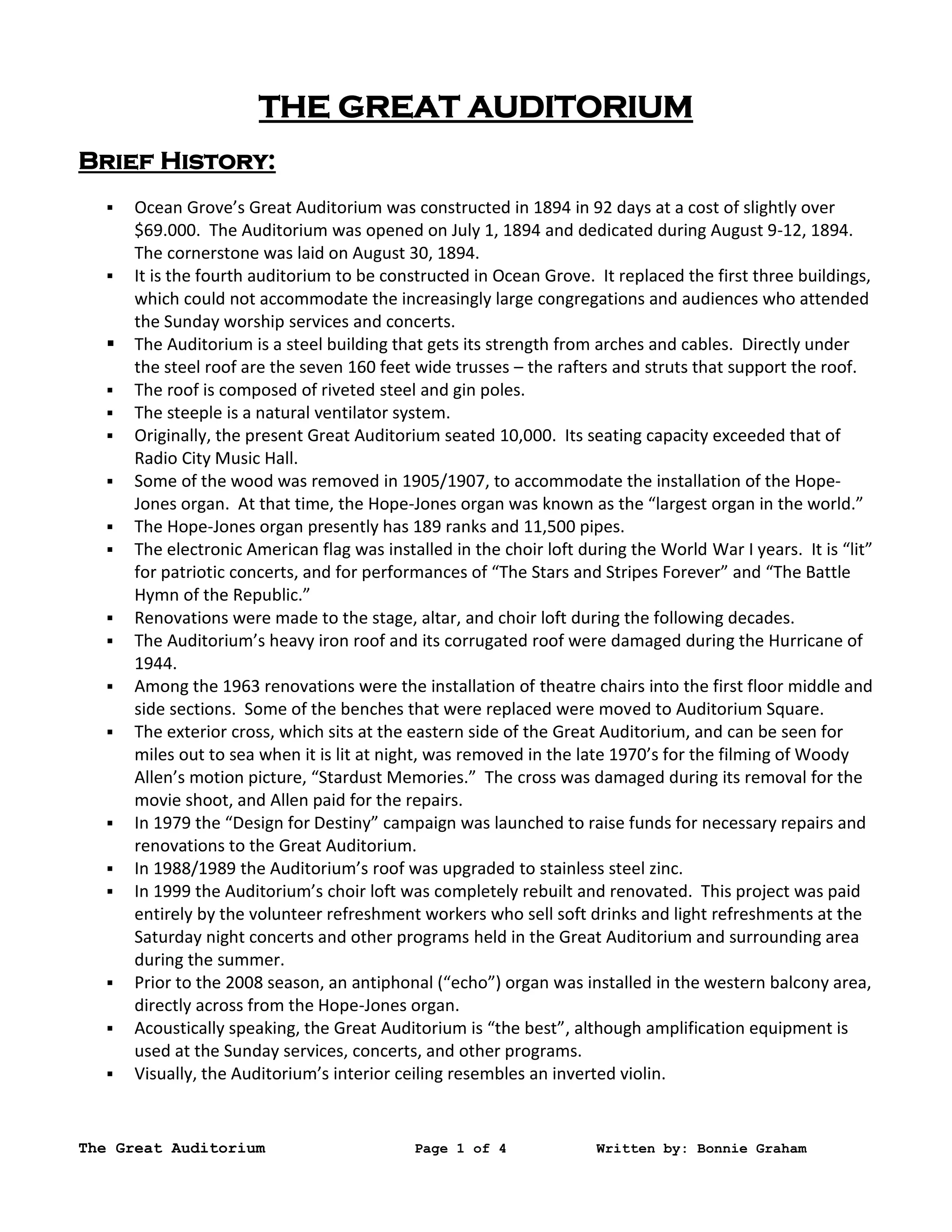 The Great Auditorium Fact Sheet Summer 2013 | PDF