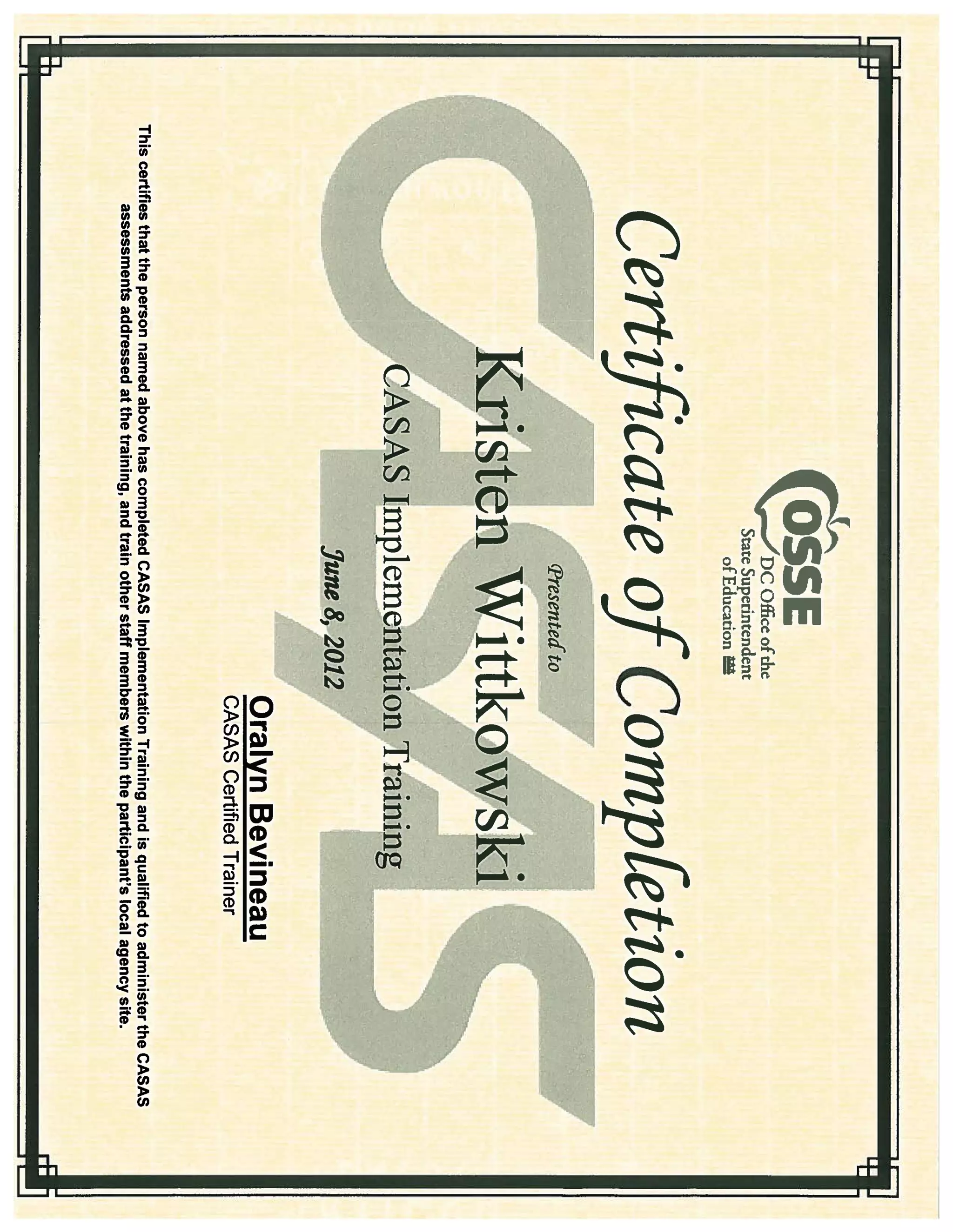 CASAS Training Certificate 2012 | PDF